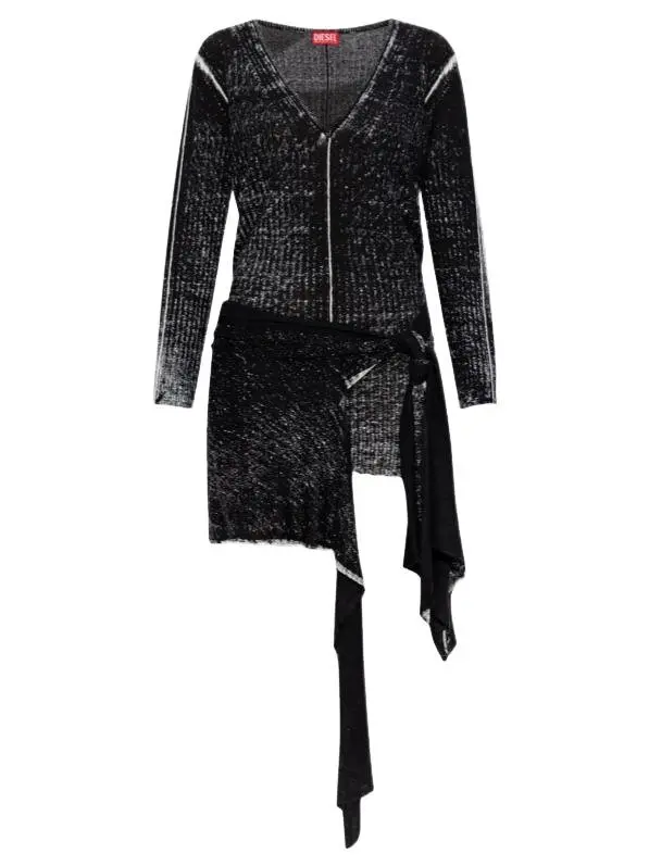 DIESEL® Tie-detailed Asymmetrical Ribbed V-neck Dress - Black