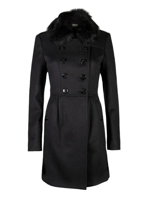 Burberry Double Breasted Overcoat With Fur Collar - Black