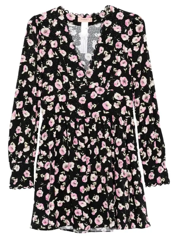 TWINSET Floral Print V-neck Mini Dress - Black