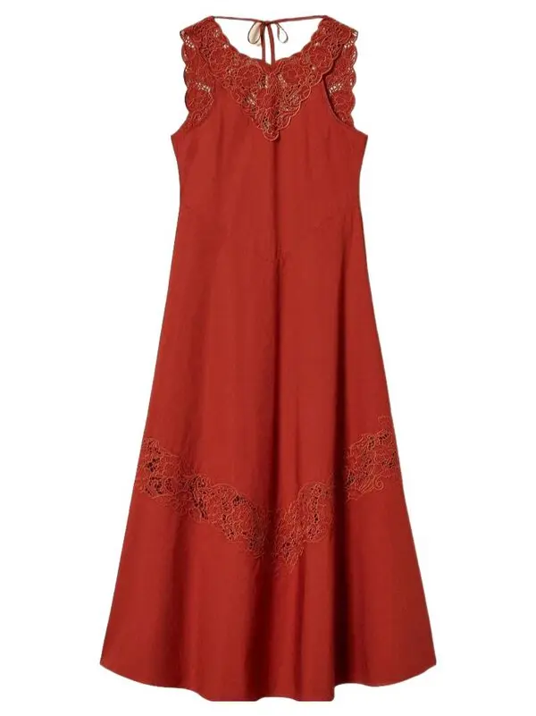 TWINSET Embroidered Fit & Flare Midi Dress With Tie Neck - Red