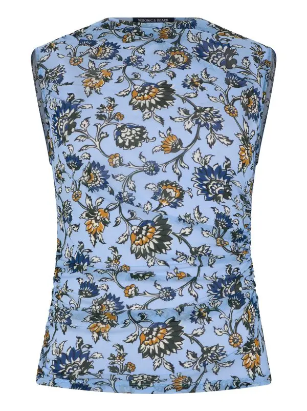 Veronica Beard Sleeveless Floral Ruched Top - Blue