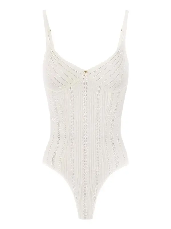 Elisabetta Franchi Ribbed Bodysuit With Logo And Rhinestone Embellishment - Ivory