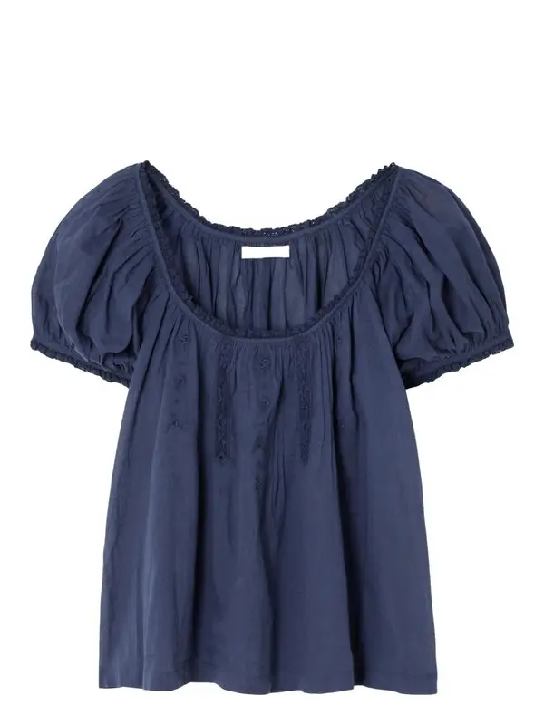DÔEN Lace-trimmed Organic Cotton-voile Puff Sleeve Blouse - Blue