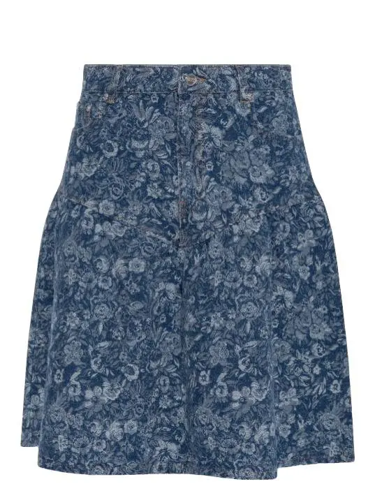 GANNI Floral Print Flared Denim Skirt - Blue