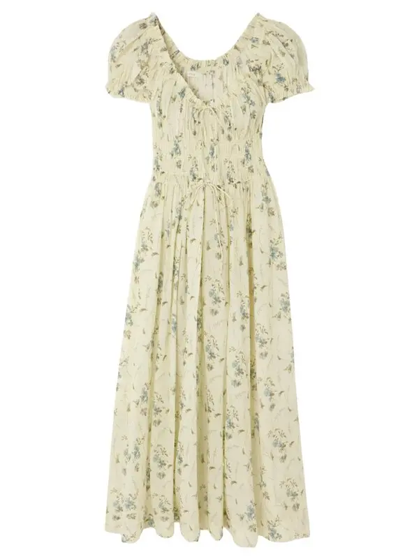 DÔEN Floral Print Cotton Voile Midi Dress - Nude