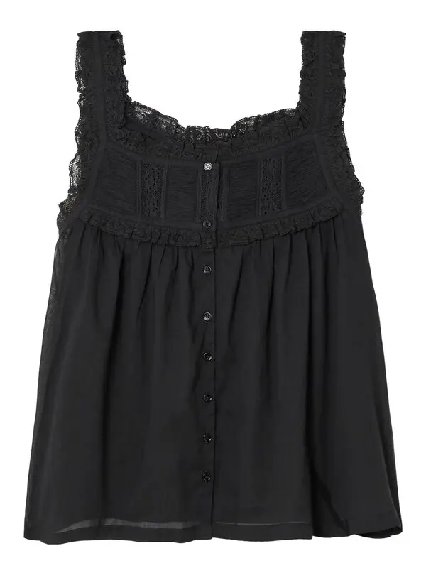 DÔEN Cotton Voile Lace Trimmed Top - Black