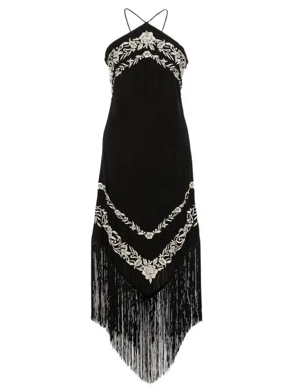 TWINSET Sleeveless Embroidered Fringe Dress - Black