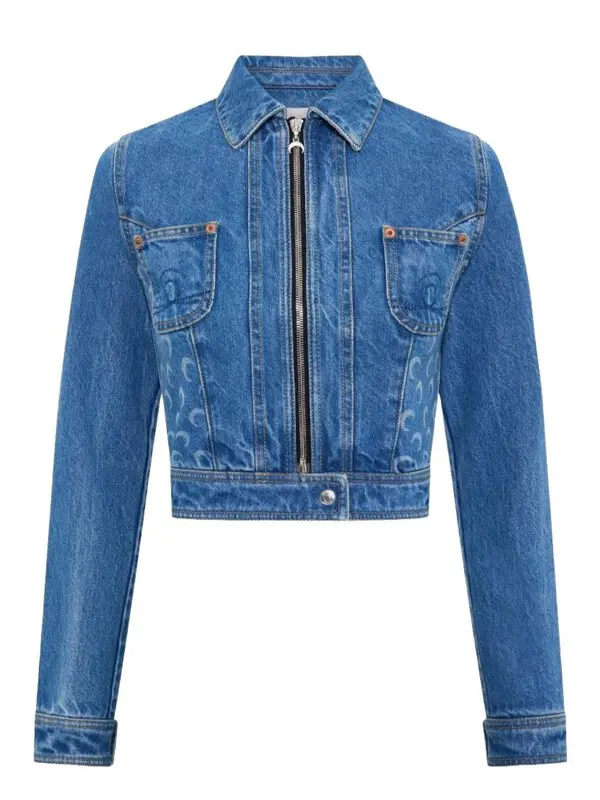 MARINE SERRE Cropped Moon-pattern Denim Jacket - Blue