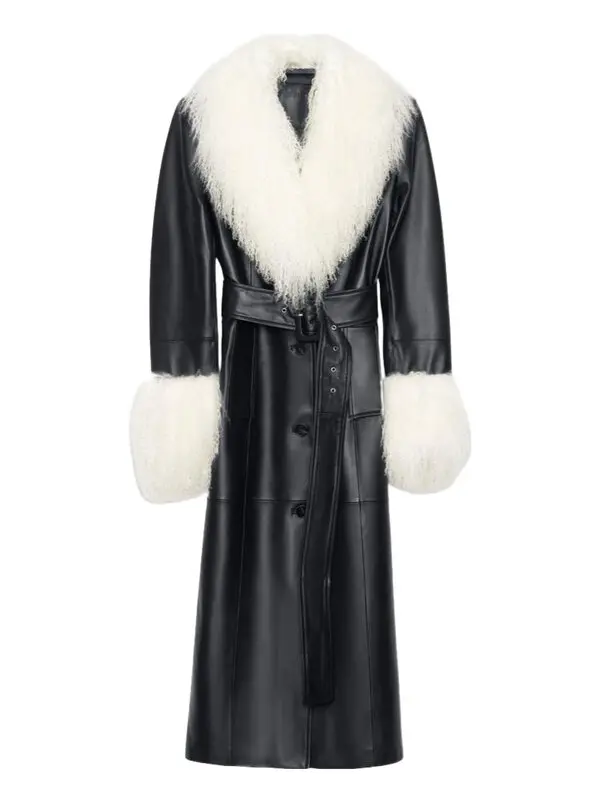 STAND STUDIO Monica Leather Coat With Mongolian Fur Trim - Black/off-white