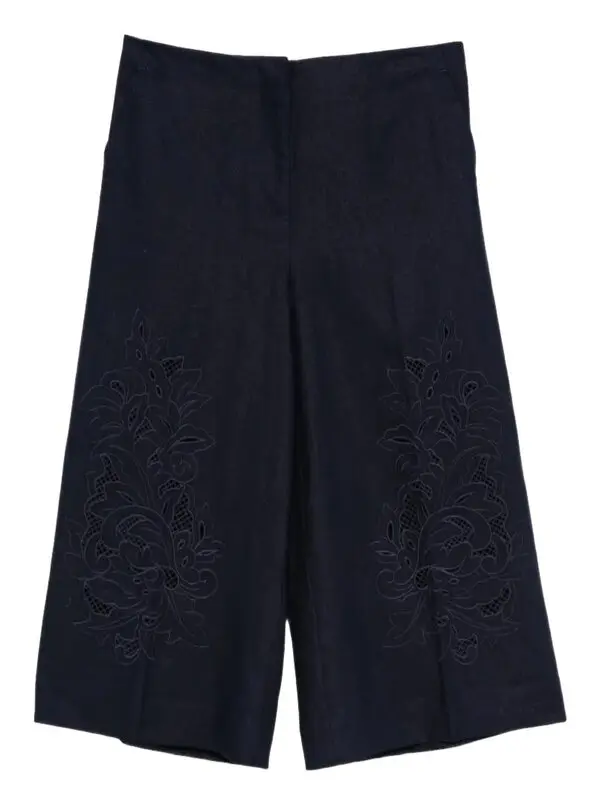 TWINSET Floral Embroidered Wide-leg Cropped Pants - Black