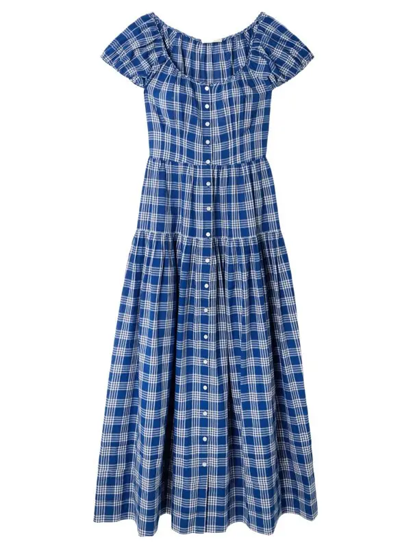DÔEN Checked Organic Cotton Midi Dress With Puff Sleeves And Tiered Silhouette - Blue
