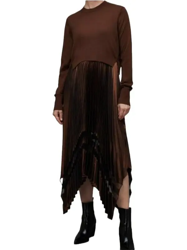 ALLSAINTS Metallic Foil Pleated Midi Dress - Black