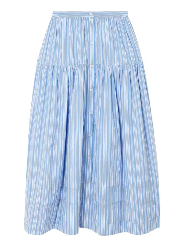 DÔEN Striped Tiered Midi Skirt - Blue