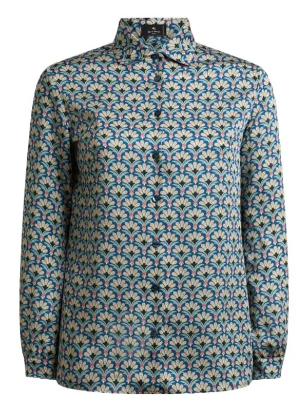 Etro Micro Palm Motif Twill Shirt - Light Blue
