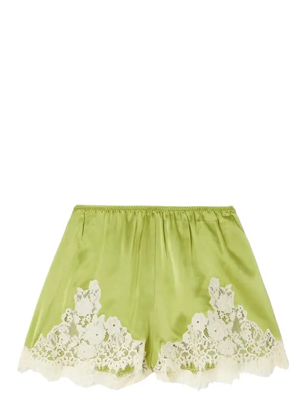 DÔEN Paneled Silk-satin Shorts With Lace Trim - Green