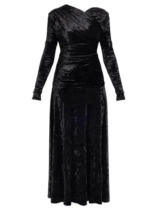 GANNI Long Sleeved Pleated Velvet Maxi Dress - Black