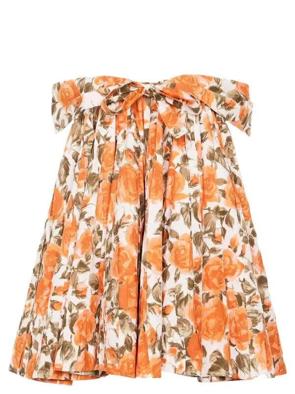 Chloé Off-the-shoulder Mini Dress In Cotton Poplin With Rose Print - White And Orange