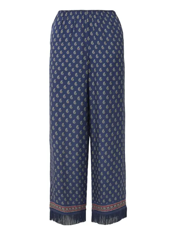 DÔEN Paisley Print Silk Straight-leg Pants With Fringe Detail - Blue