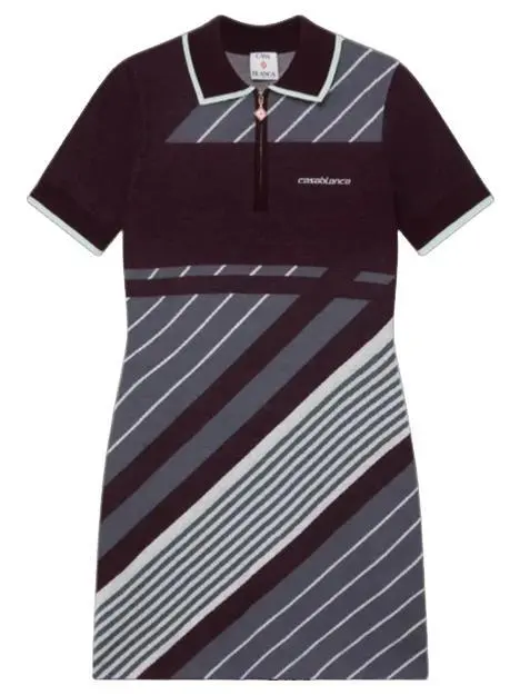Casablanca Short Sleeve Dress With Twill Sport Stripes And Quarter Zip - Eggplant Color