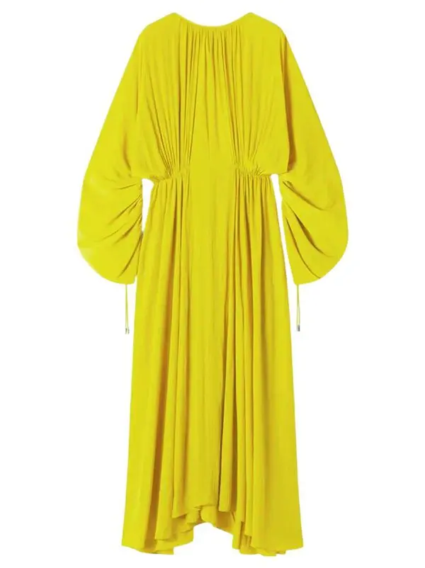 LANVIN Gathered Crewneck Midi Dress With Ruched Sleeves - Yellow