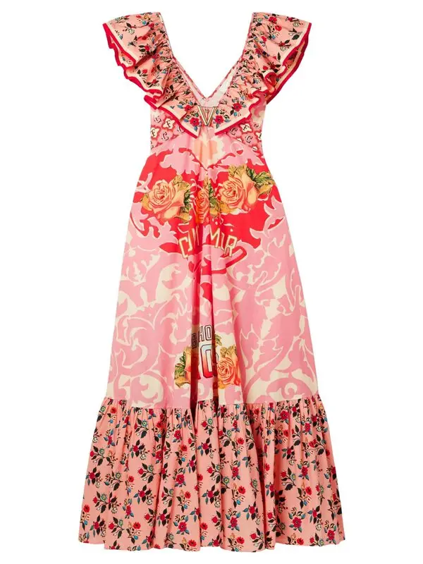 Camilla Embellished Ruffled Printed Organic Cotton-poplin Maxi Dress - Pink