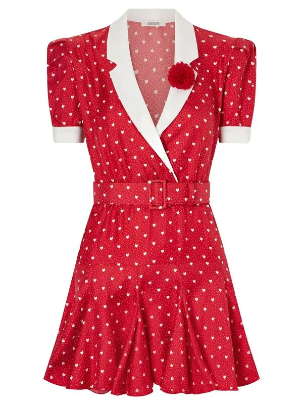 RODARTE Belted Heart Print Silk Mini Dress - Red