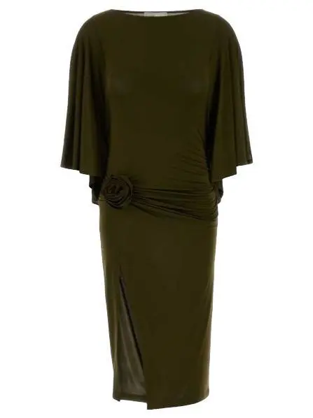 Blumarine Draped Jersey Midi Dress With Floral Detail - Black