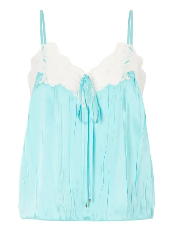 Chloé Lace-trimmed Crinkled Silk-satin Top - Turquoise
