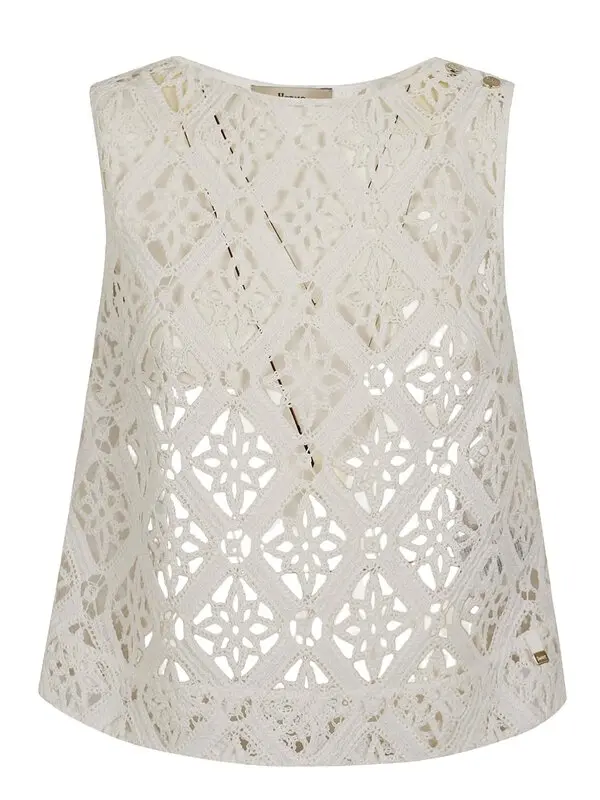 Herno Crochet Sleeveless Top With Curved Hem - White