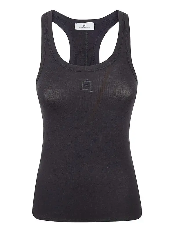 Elisabetta Franchi Ribbed Racerback Tank Top With Embroidered Logo - Black