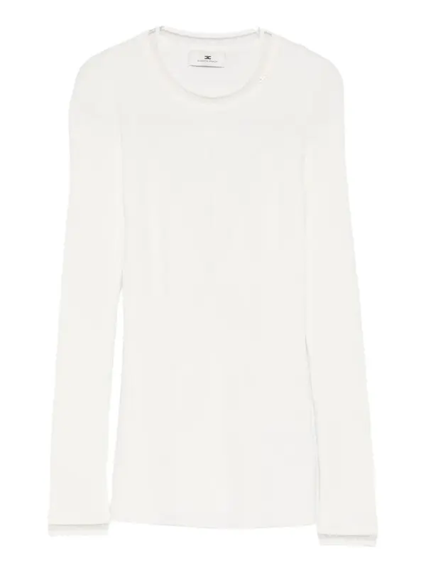 Elisabetta Franchi Ribbed Knit Long Sleeve Top With Rhinestone Detail - White