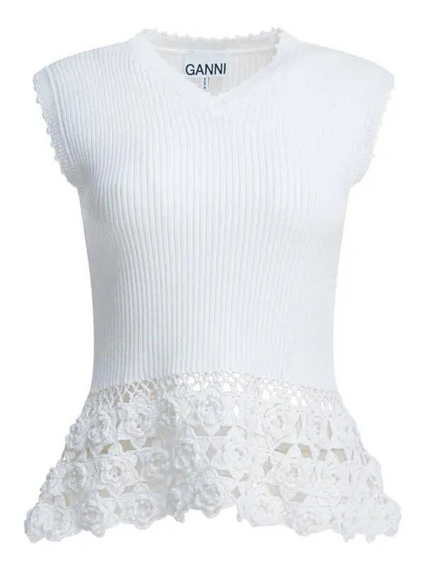 GANNI Knit V-neck Top With Crochet Hem - White