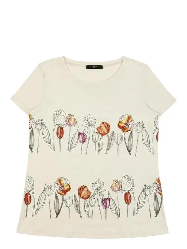 Max Mara Round Neck Printed Short Sleeve T-shirt - White