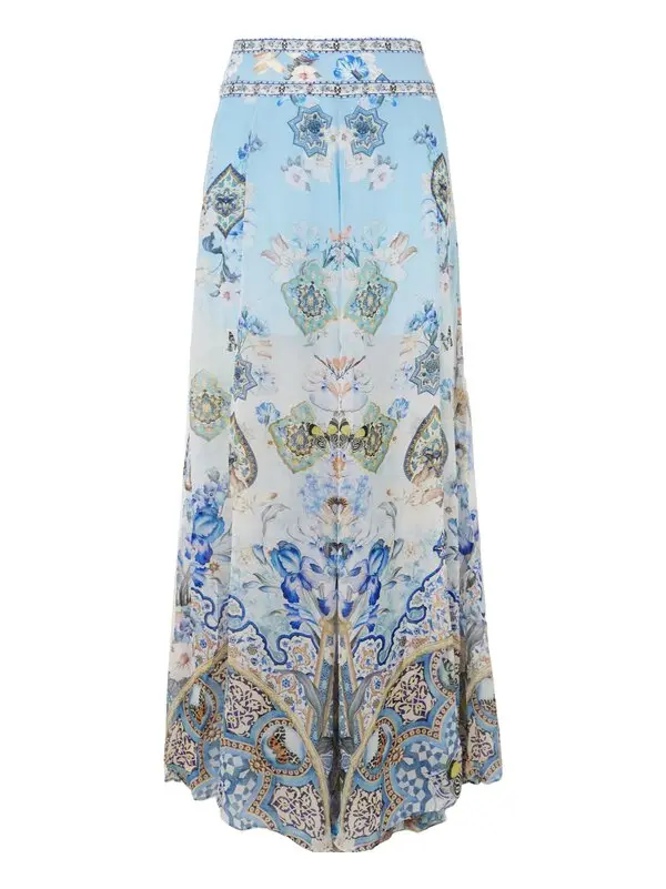 Camilla Al Manial Palace Embellished Printed Silk-crepon Wide Leg Pants - Blue