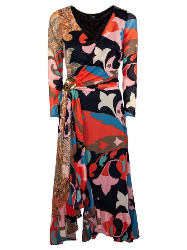 Etro Printed Midi Dress With Crossover V-neck And Side Buckles - Black