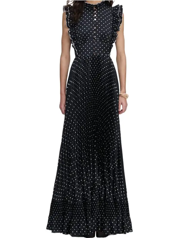 SELF-PORTRAIT Sleeveless Polka Dot Ruffled Maxi Dress - Black