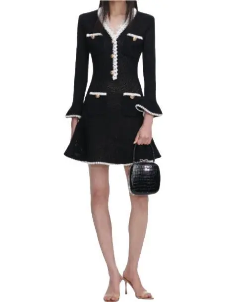 SELF-PORTRAIT Knitted A-line Mini Dress With Lace Trims - Black