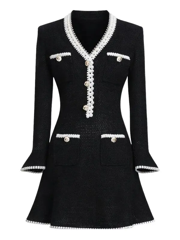 SELF-PORTRAIT Knitted A-line Mini Dress With Lace Trims - Black