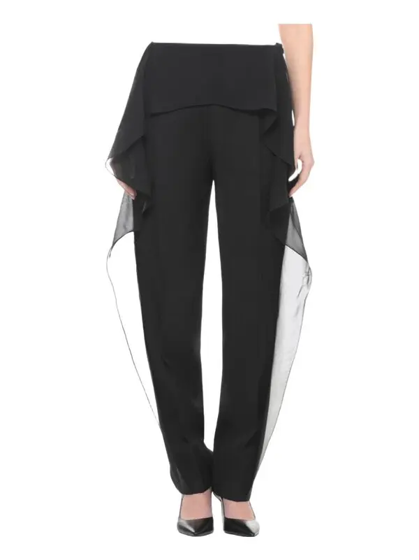 LANVIN Draped Overlay Wool Twill Pants With Silk Chiffon Ruffles - Green