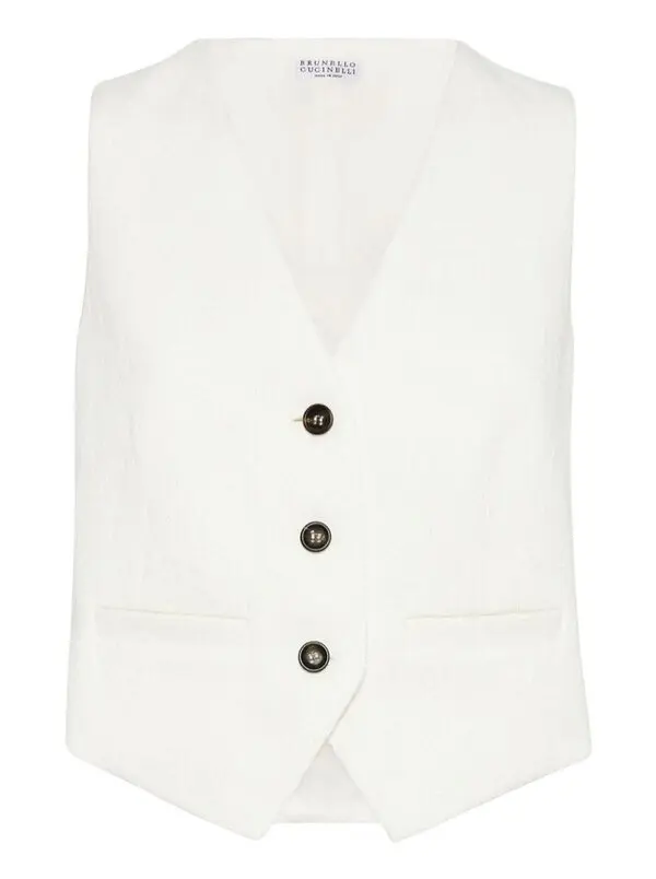 Brunello Cucinelli Herringbone Pattern V-neck Button-down Gilet - White
