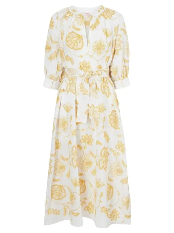 ERES Belted Midi Dress With Floral Embroidery - White