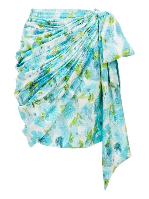Chloé Draped Wrap Skirt With Floral Print And Bow Detail - Blue