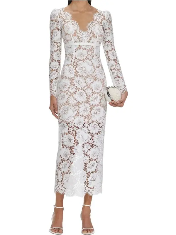 SELF-PORTRAIT Floral-lace Long-sleeve Midi Dress - White
