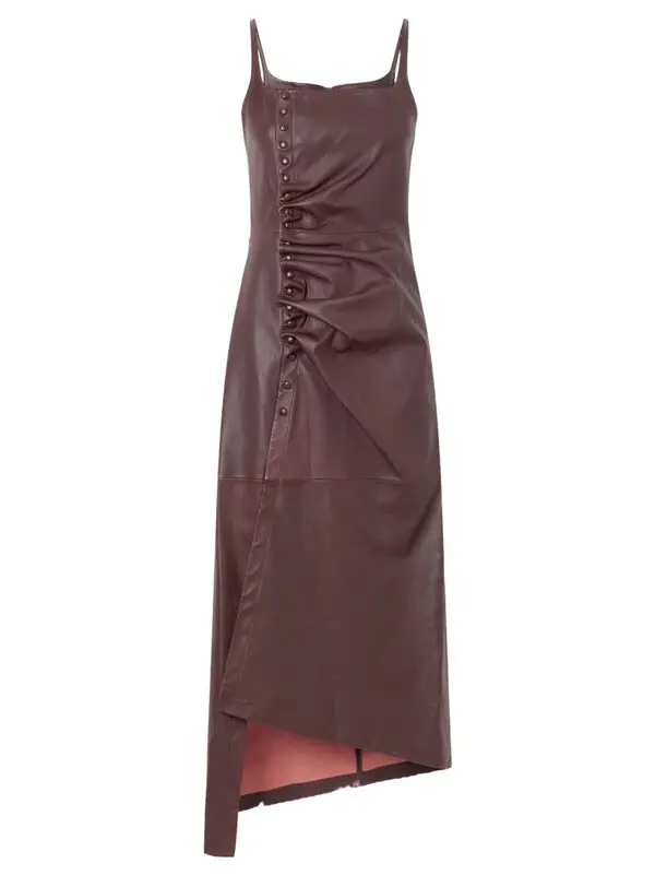Rabanne Asymmetrical Ruched Leather Midi Dress - Brown