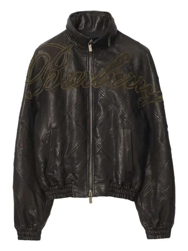 Burberry Leather Bomber Jacket With Cursive Logo - Black