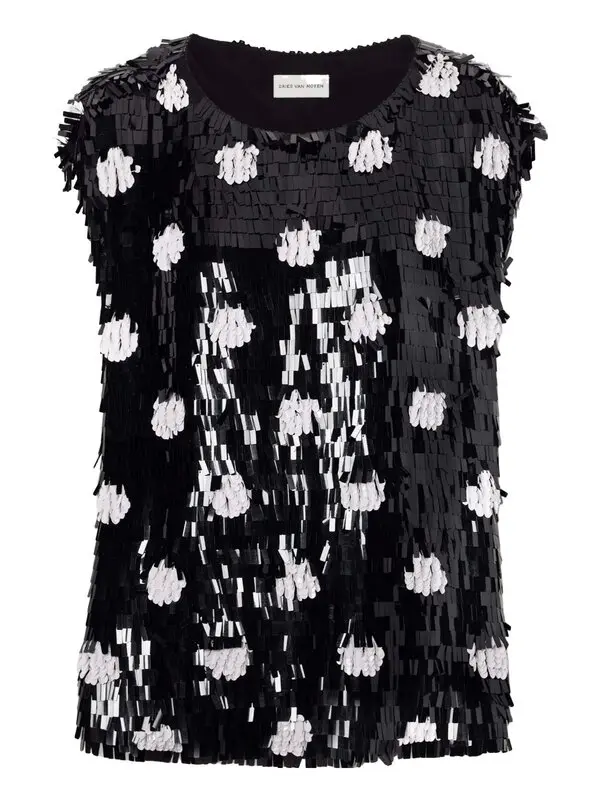 Dries Van Noten Sequined Polka Dot Silk Top - Black