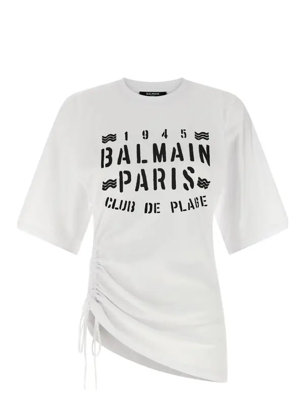 Balmain Club Print T-shirt With Drawstring Detail - White