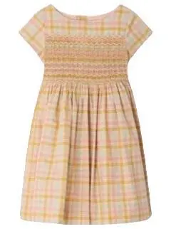 Bonpoint Plaid Smocked Short Sleeve Dress - Nude