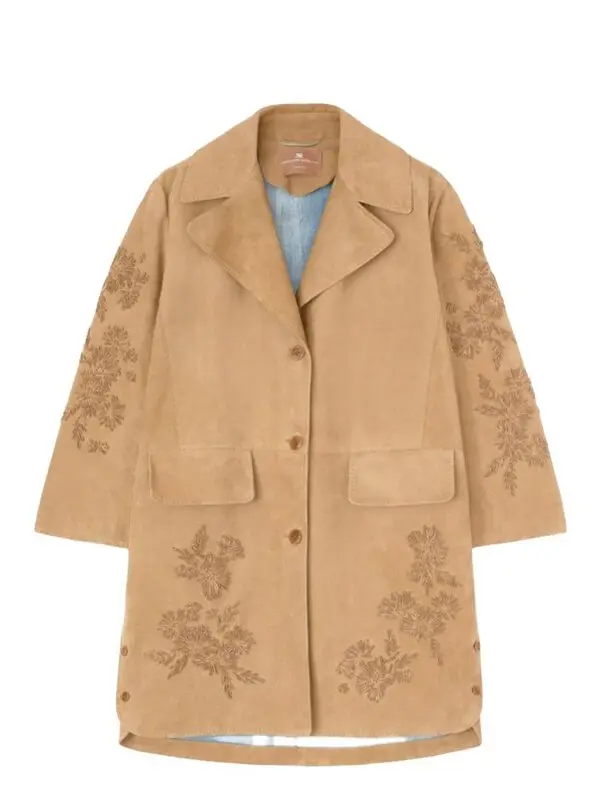 Ermanno Scervino Suede Coat With Floral Embroidery - Nude