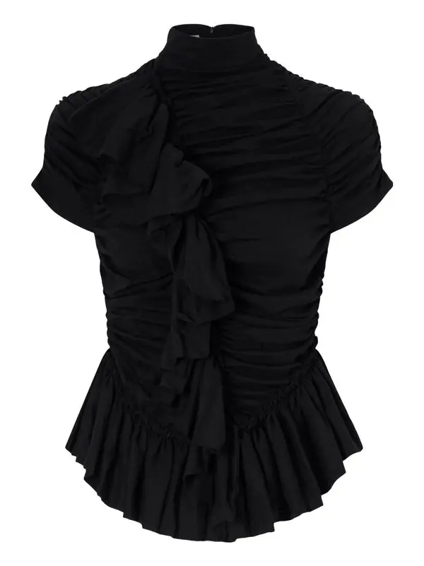 Dries Van Noten Ruffled Draped Cotton-jersey Turtleneck Top - Black